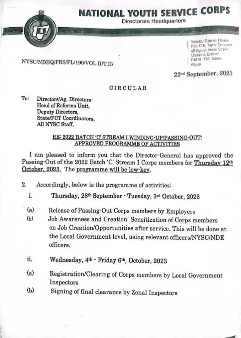 NYSC ANNOUNCES 2022 BATCH C STREAM I PASSING-OUT PARADE - Team Babs Reporting