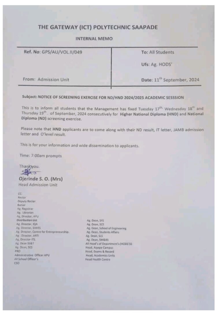 GATEWAY POLYTECHNIC, SAAPADE ANNOUNCES ND/HND SCREENING EXERCISE FOR ...