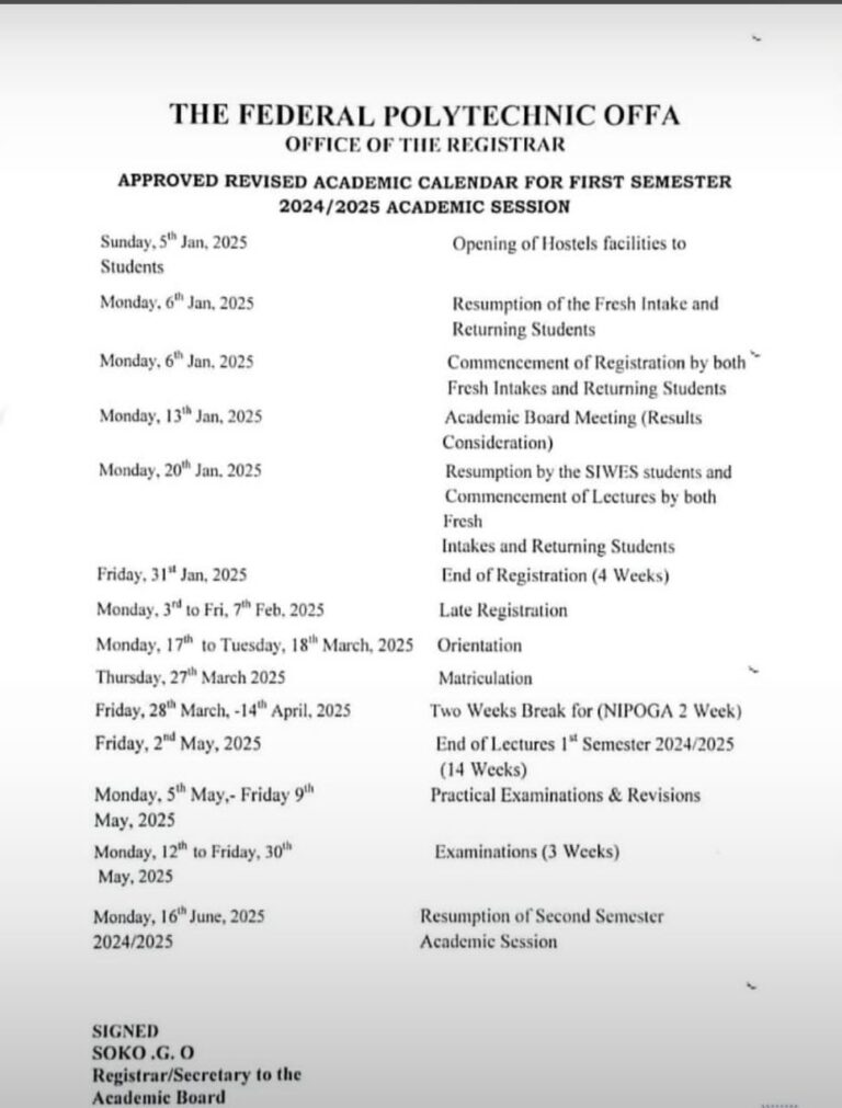 FEDERAL POLYTECHNIC, OFFA (FEDPOFFA) RELEASES 2024/2025 FIRST SEMESTER ...